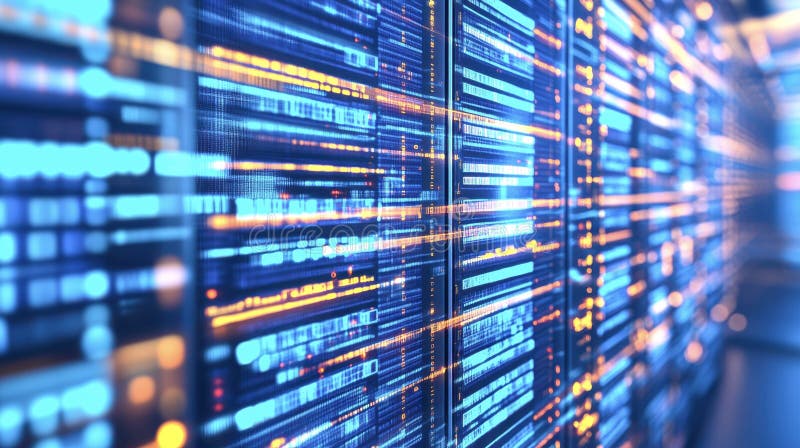 A Computer Server Room with a Blue and Orange Background Stock ...