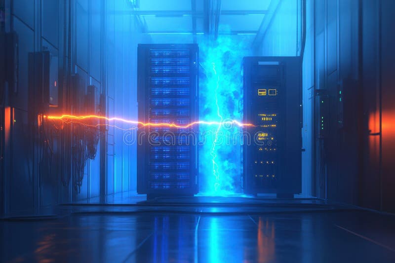 A Computer Server Room with a Blue and Orange Lightning Bolt Stock ...