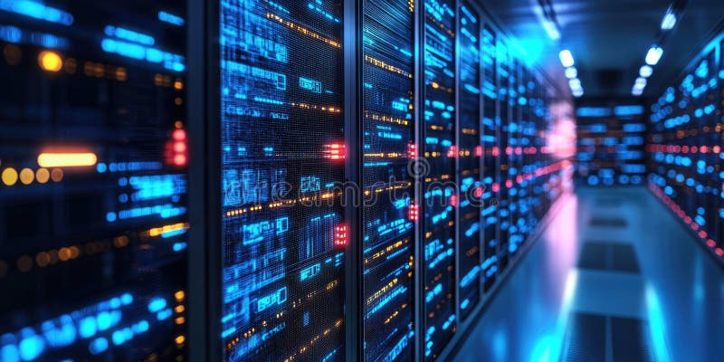 A Computer Server Room with Blue and Orange Lights Stock Photo - Image ...