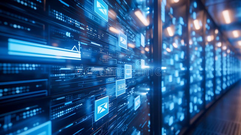 Computer Server Room with a Blue Screen Showing a Lot of Data Stock ...