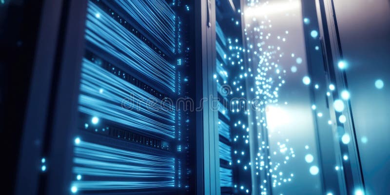 A Computer Server Room with Blue Wires and Lights Stock Photo - Image ...