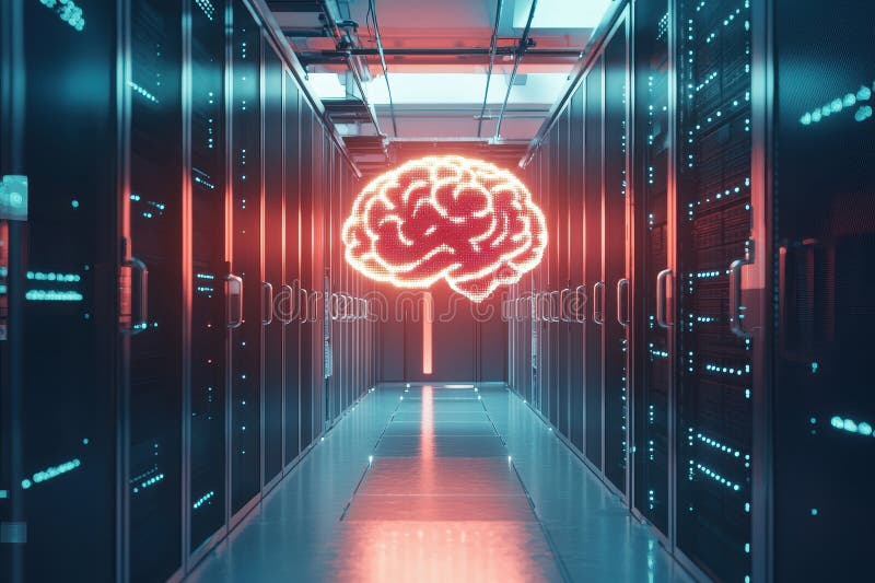 A Computer Server Room with a Glowing Brain on the Wall Stock Photo ...