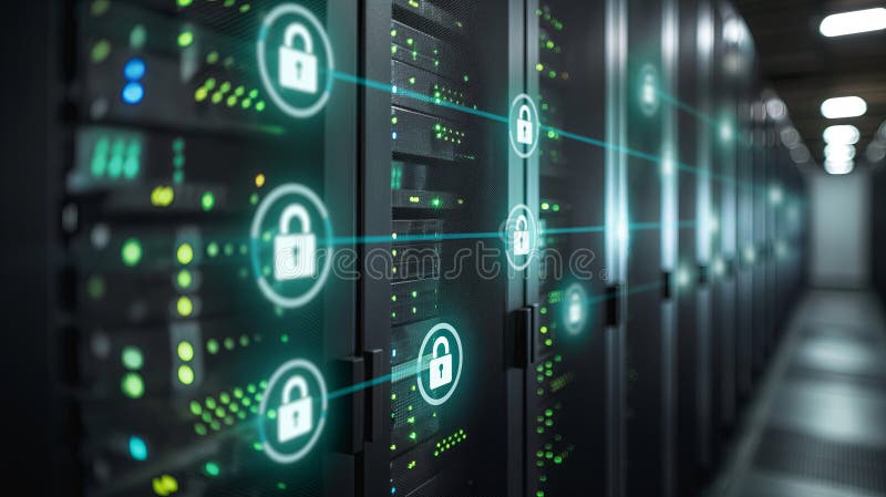 A Computer Server Room with a Green Line of Security Icons. Digital ...