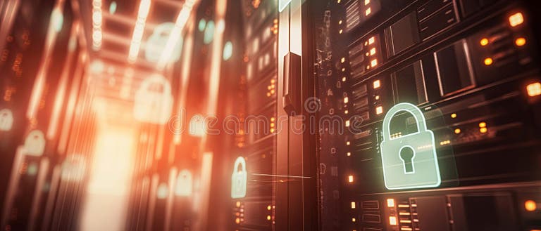 A Computer Server Room with a Green Lock on a Server. Digital Security ...
