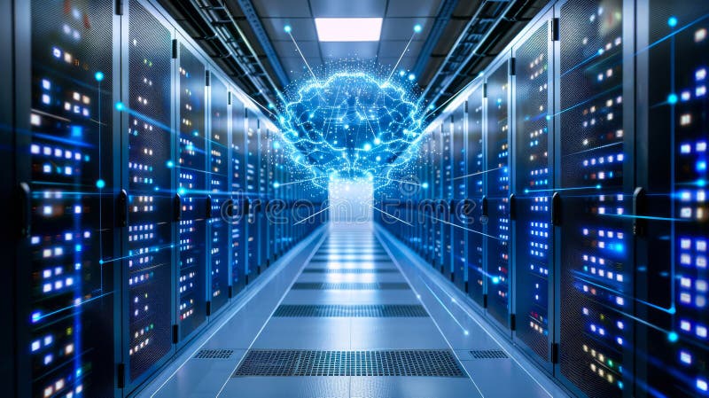 A Computer Server Room with a Large Blue Brain on the Wall Stock Image ...