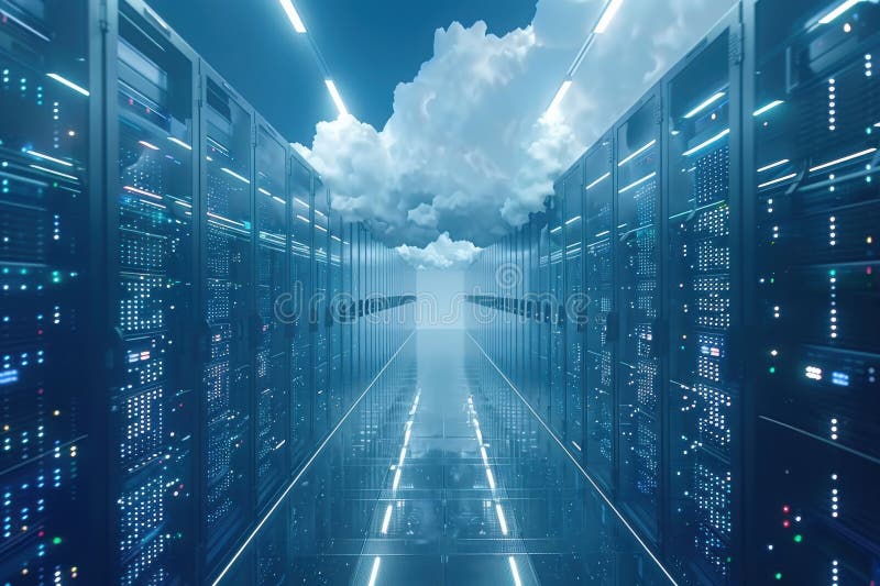 A Computer Server Room with a Large Blue Cloud Symbol on the Wall Stock ...
