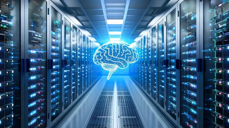 A Computer Server Room with a Large Brain Symbol on the Wall Stock ...