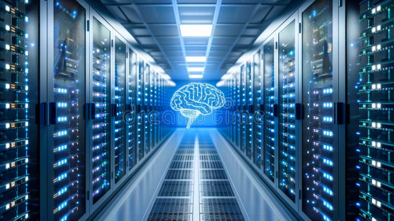 A Computer Server Room with a Large Brain Symbol on the Wall Stock ...