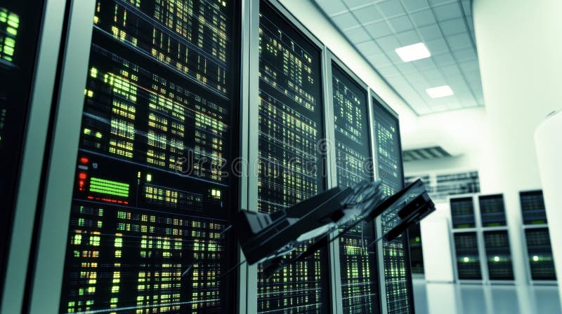 A Computer Server Room with Many Computer Monitors Stock Illustration ...