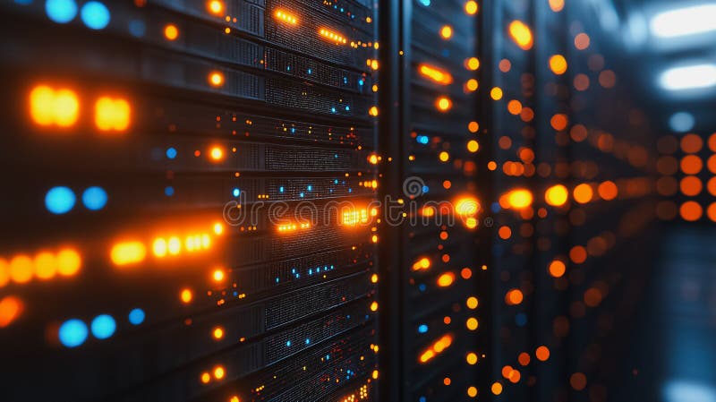 A Computer Server Room with Many Orange and Blue Lights. the Lights are ...