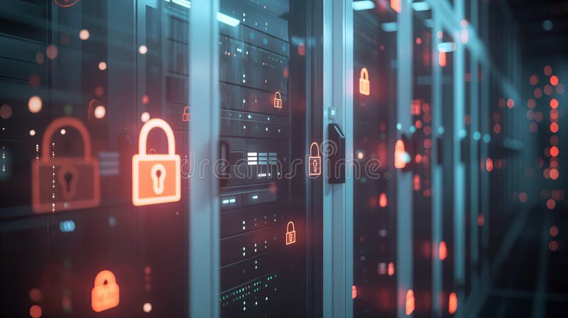 A Computer Server Room with Many Red Locks on the Doors. Digital ...