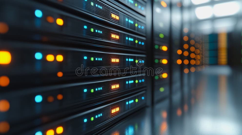 A Computer Server Room with Many Servers and Lights. the Lights are ...