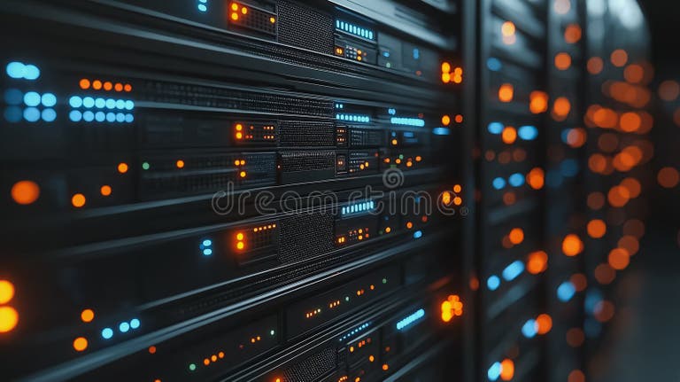 A Computer Server Room with Many Computer Servers. the Servers are ...