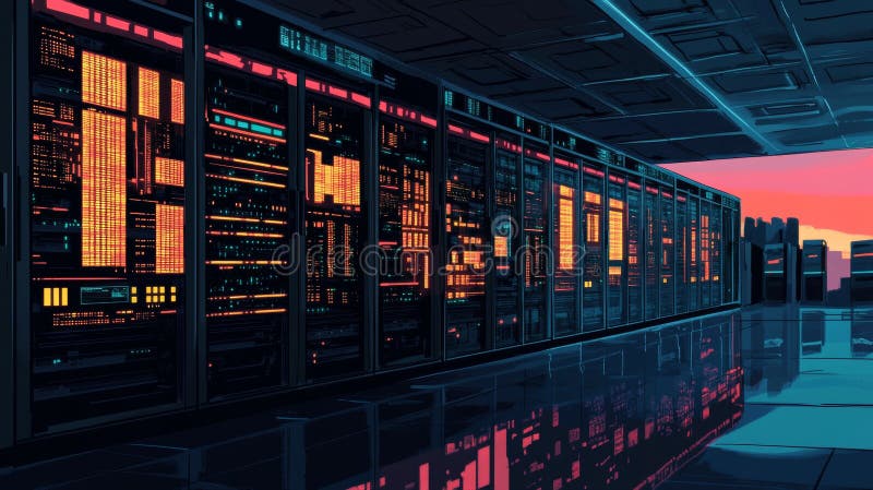 A Computer Server Room with Many Servers and a Sunset in the Background ...