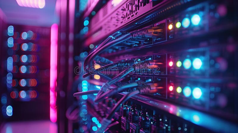 A Computer Server Room with Neon Lights and Cables Stock Illustration ...