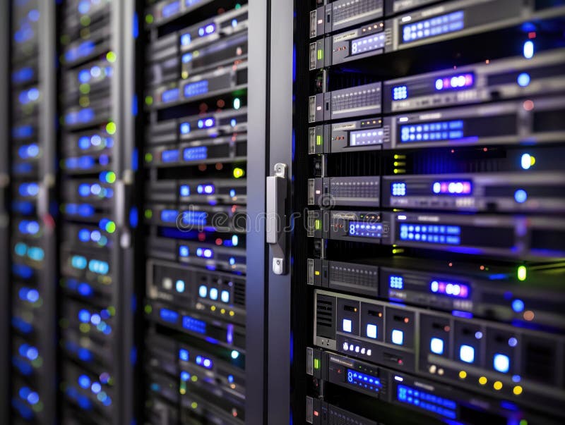 Computer Server Room View Featuring Organized Rows of Black Cabinets ...
