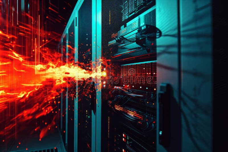 A Computer Server is Shown with Vibrant Red and Blue Flames Bursting ...