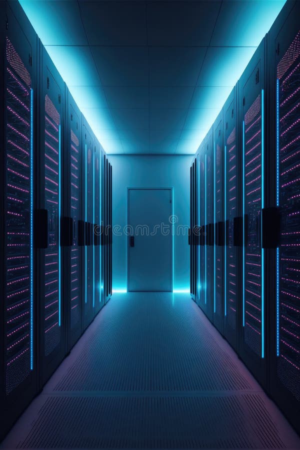 Computer Servers with Blue Lights in Server Farm, Created Using Generative Ai Technology Stock ...