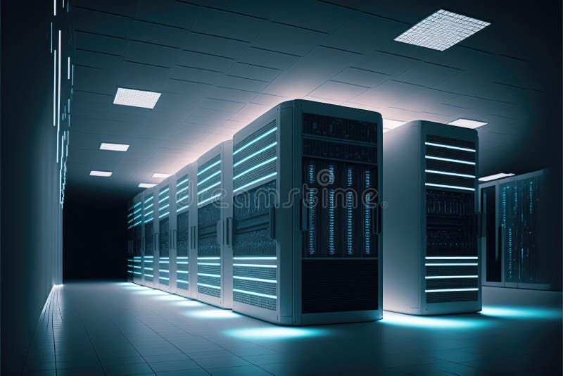 Computer Servers with Blue Lights in Server Farm, Created Using Generative Ai Technology Stock ...