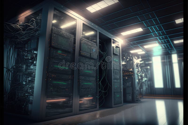 Computer Servers with Lights in Server Farm, Created Using Generative ...