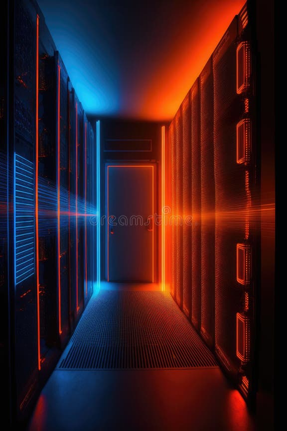 Computer Servers with Orange and Blue Lights in Server Farm, Created ...