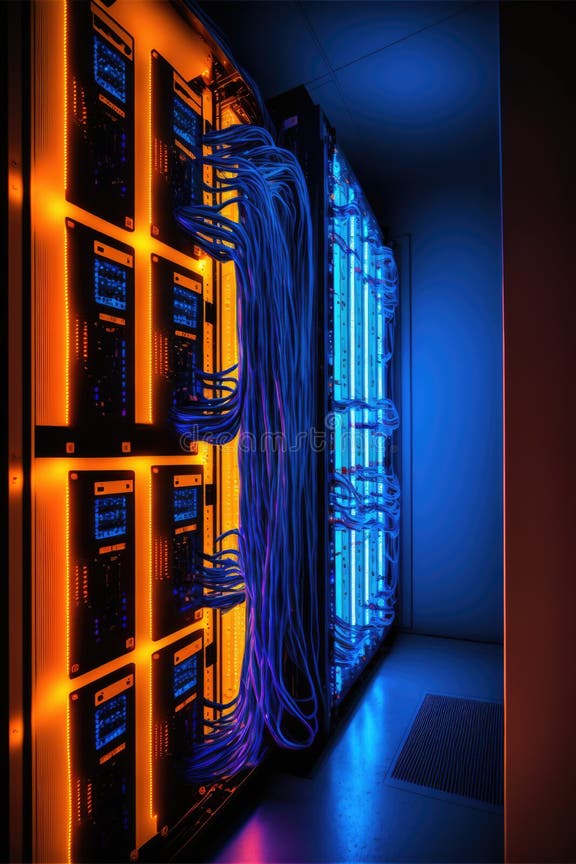 Computer Servers with Orange and Blue Lights in Server Farm, Created ...