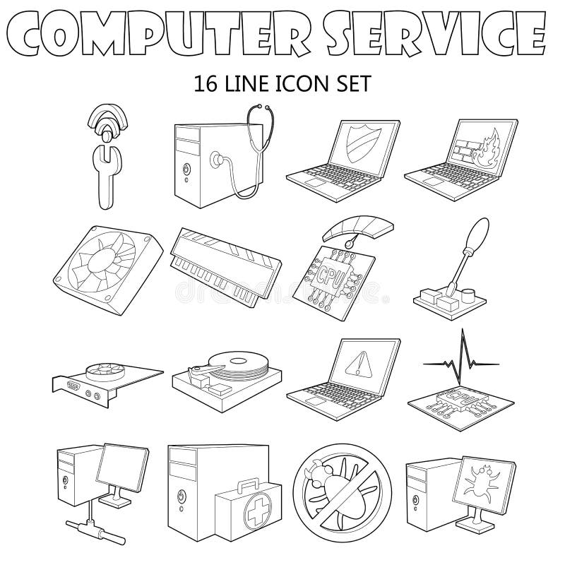 Computer Service Icons Set, Outline Style Stock Vector - Illustration ...