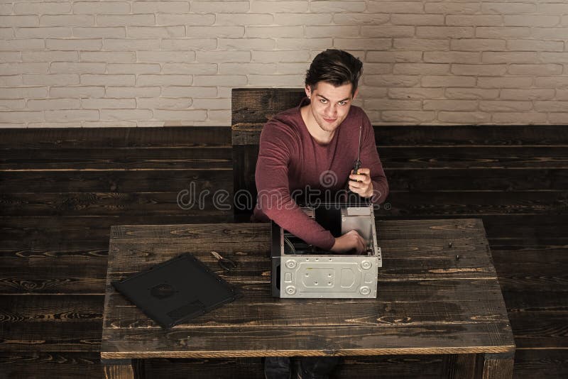 Computer Service. Smiling Man Fix Computer Device or Printer Stock ...