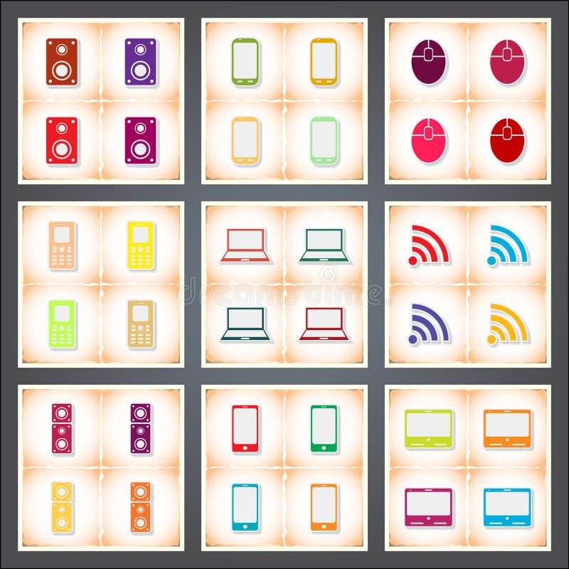 Computer. a Set of Flat Stickers with Shadow on Old Paper Stock Vector ...