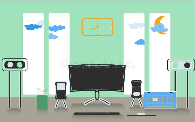 Computer Set on Table with Speaker Stock Illustration - Illustration of ...