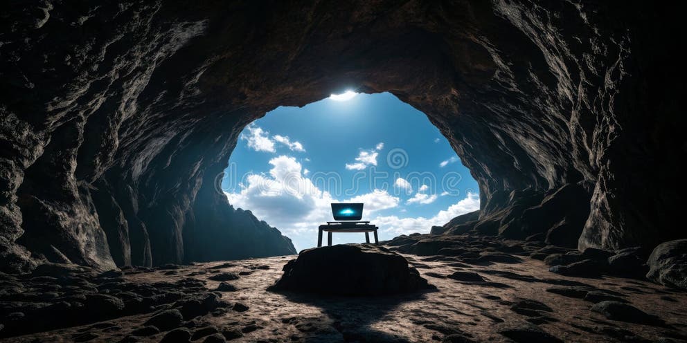 Computer Setup in a Cave with Bright Sky and Mountain View during the ...