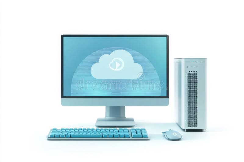 Computer Setup with Cloud Icon on Screen Keyboard and Pc Tower on Desk ...