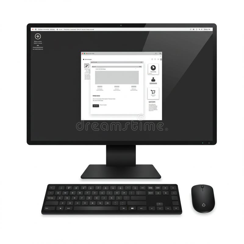 Computer Setup Featuring A Widescreen Monitor Displaying A Website Dashboard Stock Illustration