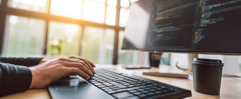 The Computer Setup with Hands Typing on Keyboard and Coding on the Screen..AI Generated Image ...