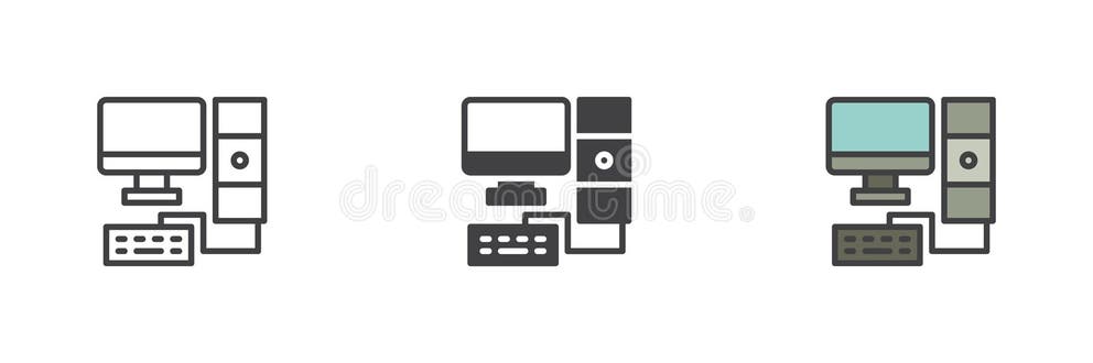 Computer Setup Icon Set in Line, Solid and Filled Outline Style Stock ...