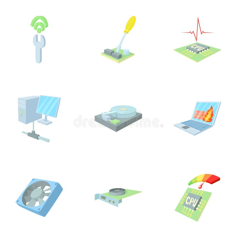 Computer Setup Icons Set, Cartoon Style Stock Vector - Illustration of ...