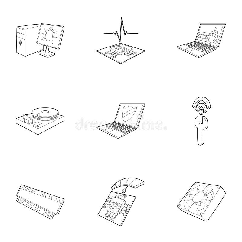 Computer Setup Icons Set, Outline Style Stock Vector - Illustration of ...