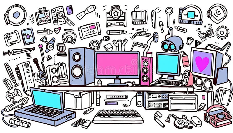 Computer Setup Illustration, Workspace Design, Tech Devices, Office ...