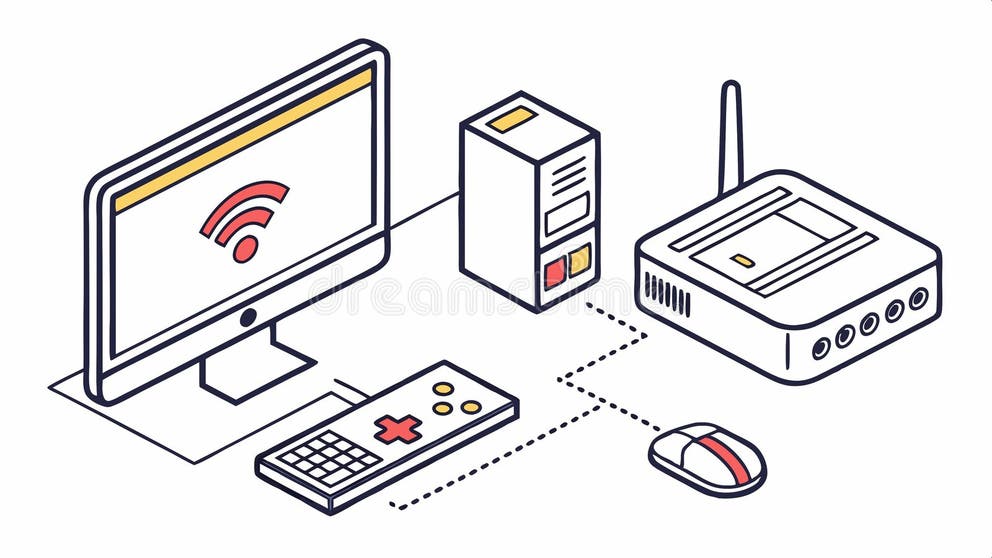 Computer Setup With Monitor And Router Home Office Tech Vector Design Generative Ai Stock
