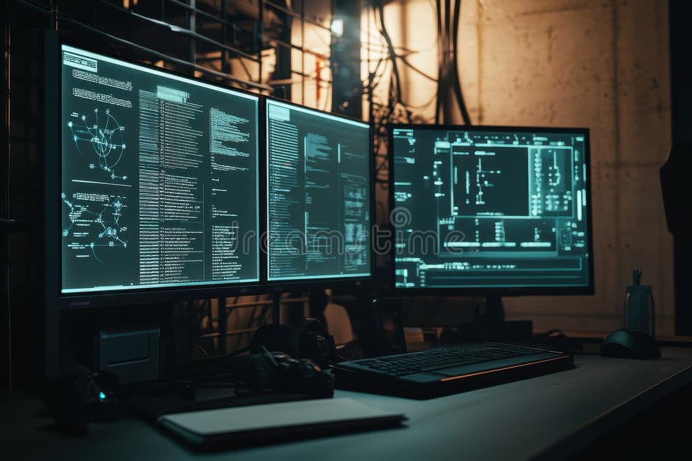 Computer Setup with Multiple Monitors Displaying Coding and Data Analysis in a Dimly Lit ...