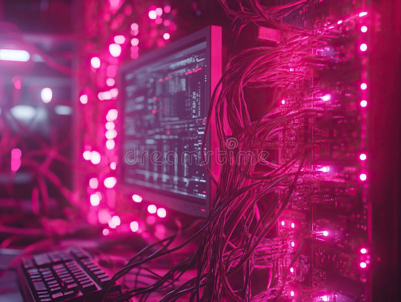 A Computer Setup with Multiple Wires Illuminated by Pink Lights in a ...