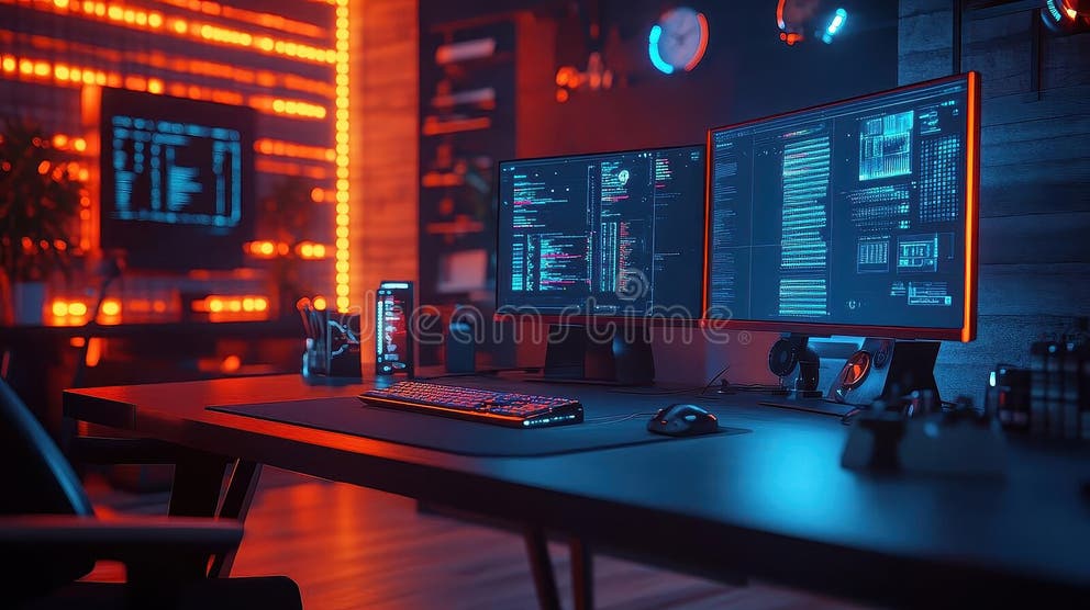 Computer Setup with Red and Blue Lights - Modern Gaming Desktop with ...