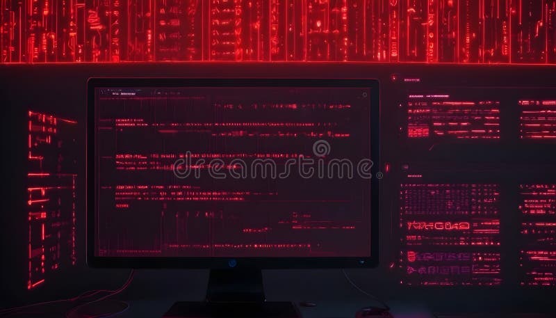 Computer Setup with Red Digital Data Display Stock Vector ...