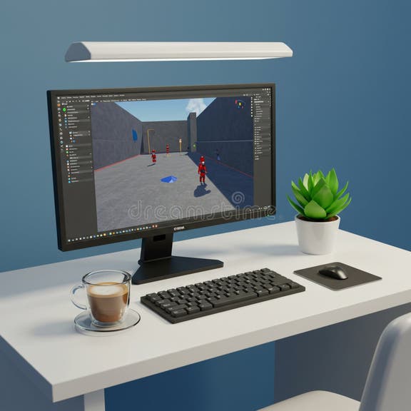 A Computer Setup on a White Desk Features a Monitor Displaying a 3D ...