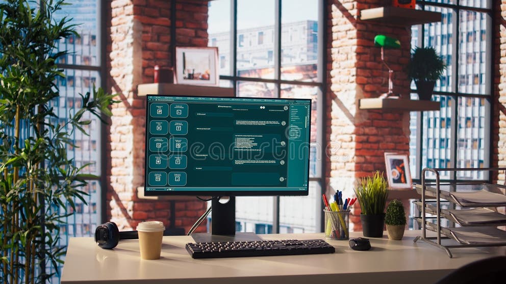 Computer Setup in Workspace Showing Large Language Model Program Stock ...