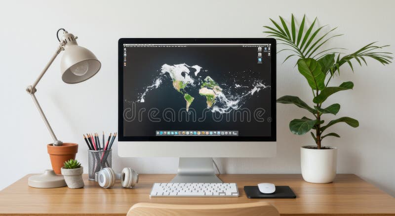 Computer Setup with World Map and Desk Accessories Stock Illustration ...