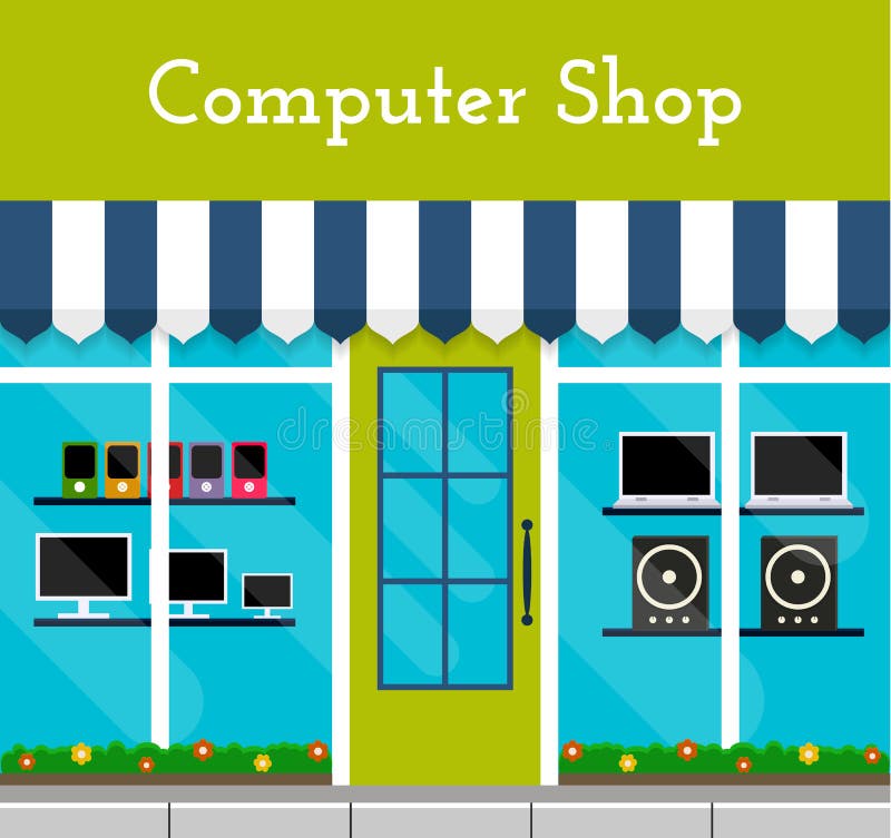 Computer Shop Building Facade or Front. Stock Vector - Illustration of ...