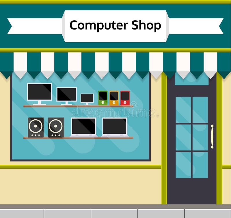Computer Shop Front with Glass Vitrine. Stock Vector - Illustration of ...