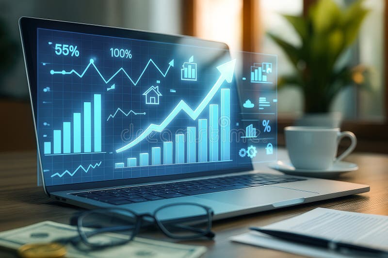 Computer Showing Business Intelligence Dashboard, Surrounded by Work ...