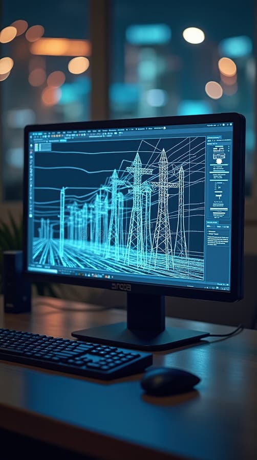 Computer Showing CAD Design of Electrical Power Grid System Stock ...